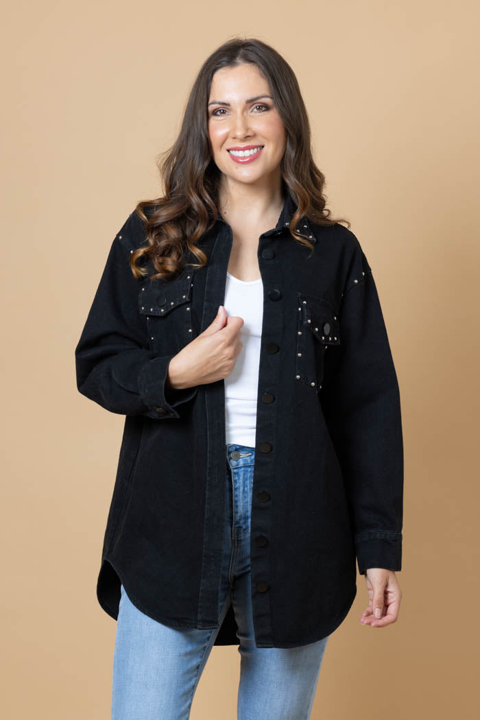 Honey Denim | Heidi Black Stud Denim Shacket | Robe Boutique | Free NZ ...